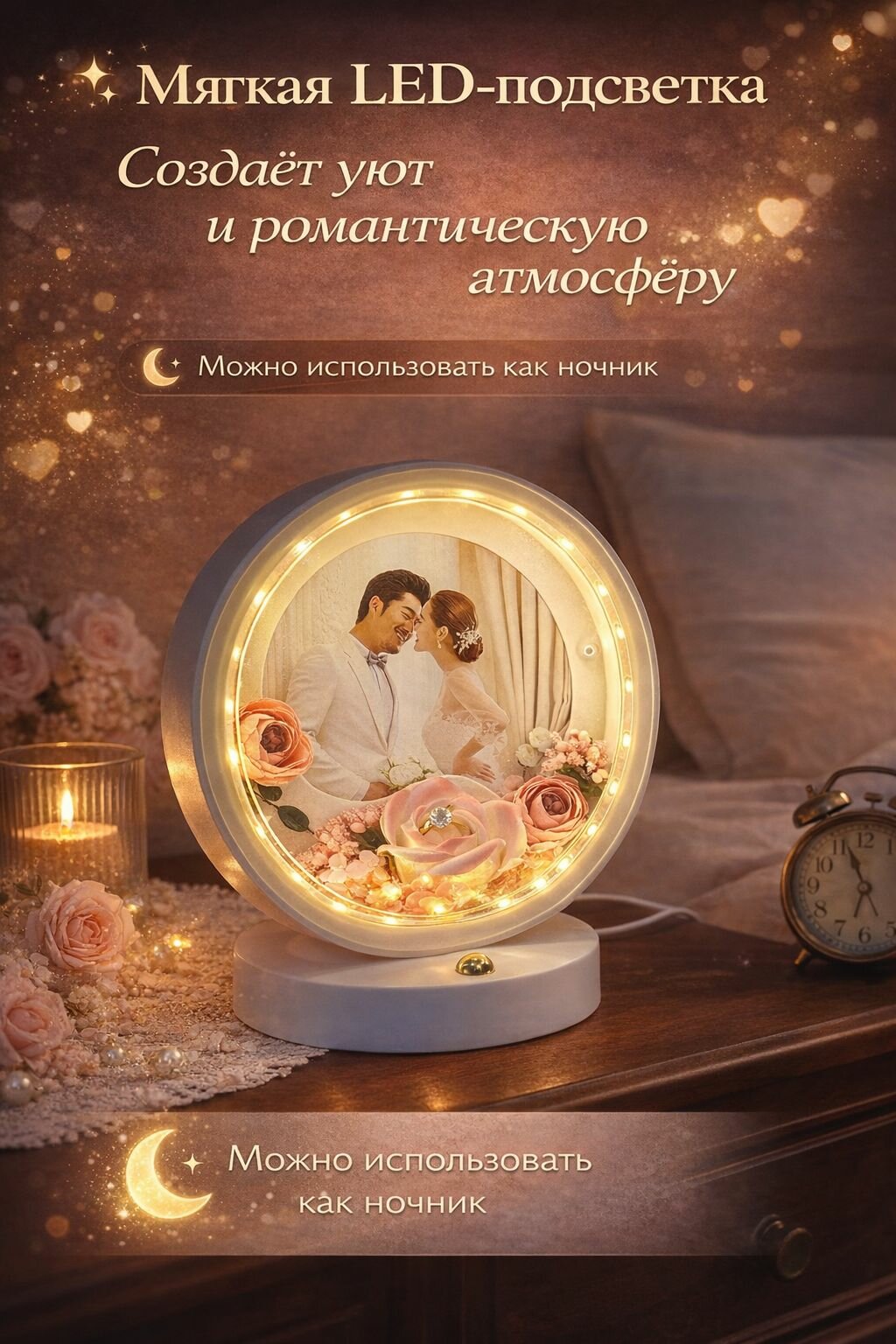 Светящаяся фоторамка LED ночник, подарок на 14 февраля, для девушки и парня