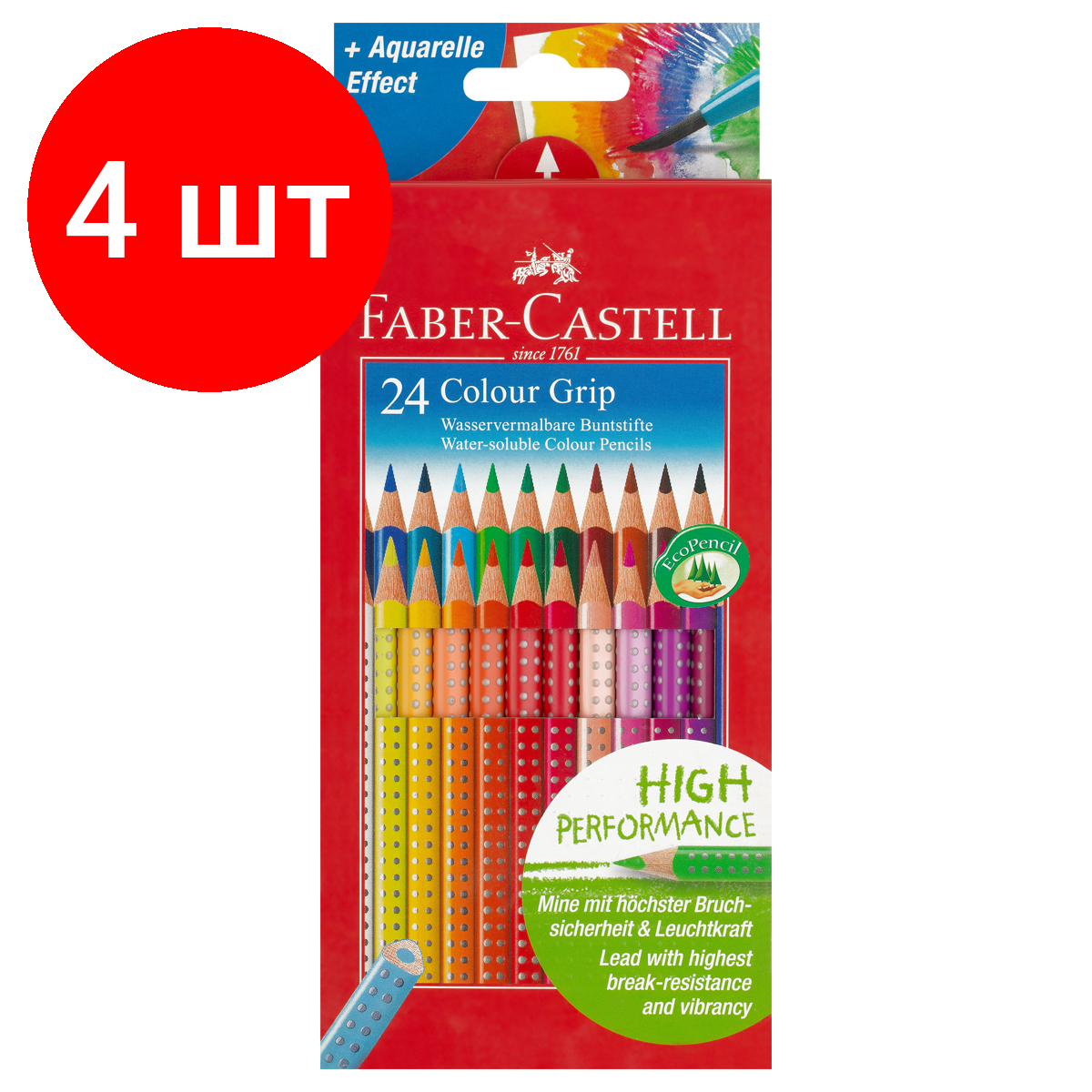 Комплект 4 шт, Карандаши цветные Faber-Castell "Grip", 24цв, трехгран, заточен, картон, европодвес