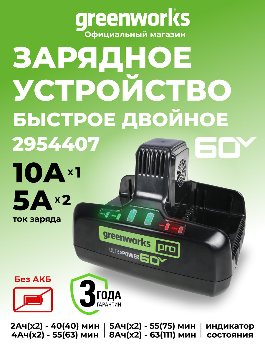 Быстрое зарядное устройство для двух аккумуляторов Greenworks 60V, 10А