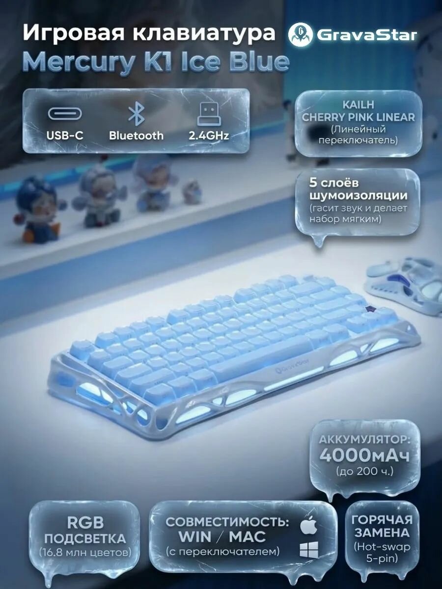 Gravastar Mercury K1 Ice Blue, голубой, игровая клавиатура