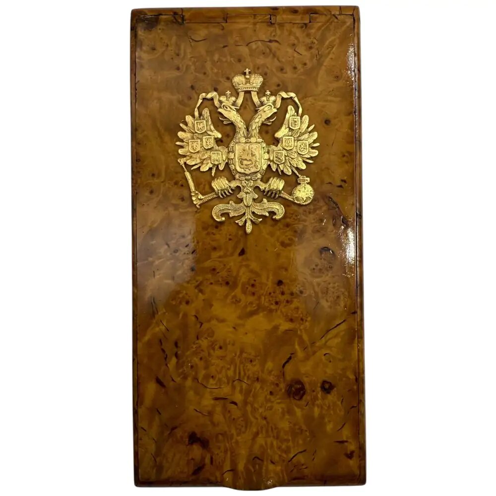 Портсигар "Двуглавый орёл", карельская берёза, бронза, позолота, 1880-1900 гг. Российская империя