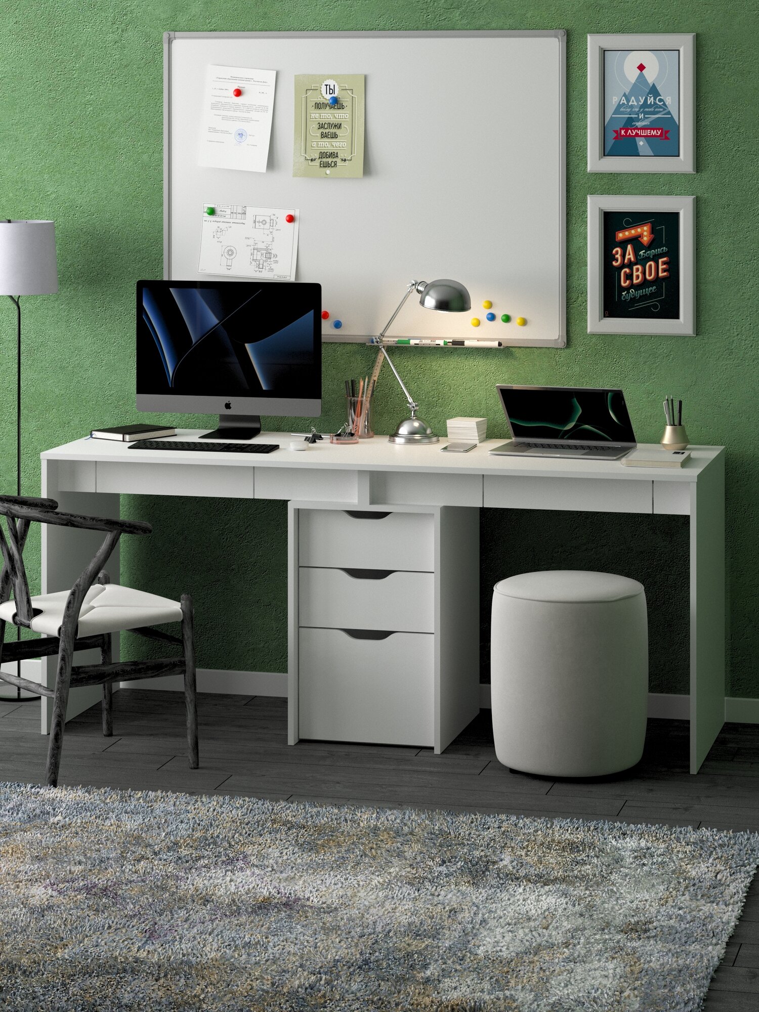 Есэндвич Grand Лаворо 5 Письменный стол для двоих, двойной, с тумбой 180х60х77 см (Белый/Белый глянец)