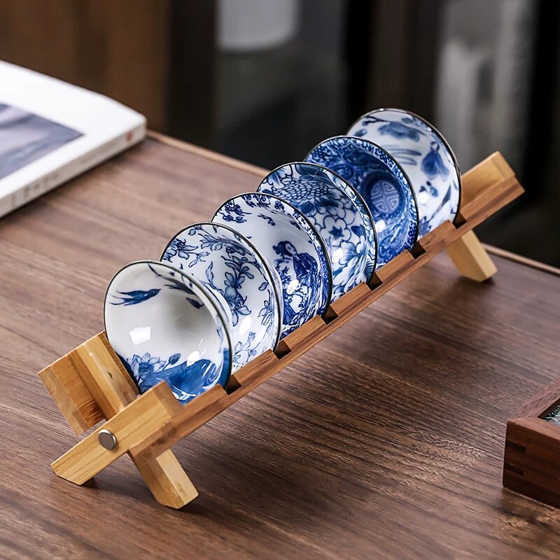 Сине-белые конические чашки для кунг-фу чая, набор из 6 штук с подставкой, керамические чашки с полноцветной имитацией