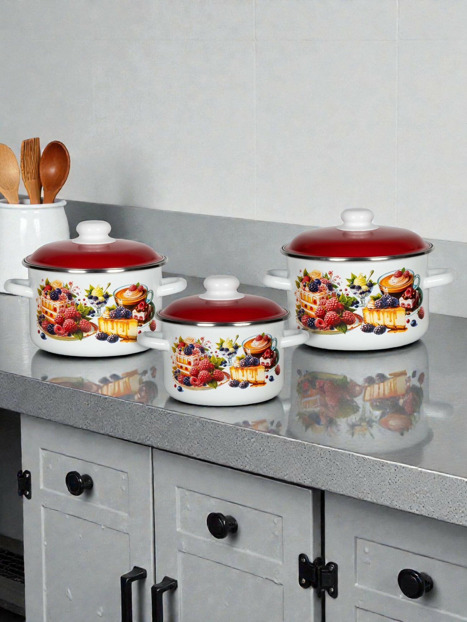 Набор эмалированных кастрюль СтальЭмаль Чизкейк 6KB021M, 3 предмета (2л, 3л, 4л), для индукционных и газовых плит