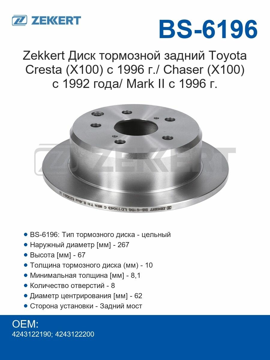 Zekkert Диск тормозной задний Toyota Cresta (X100) с 1996 г./ Chaser (X100) с 1992 года/ Mark II с 1996 г.