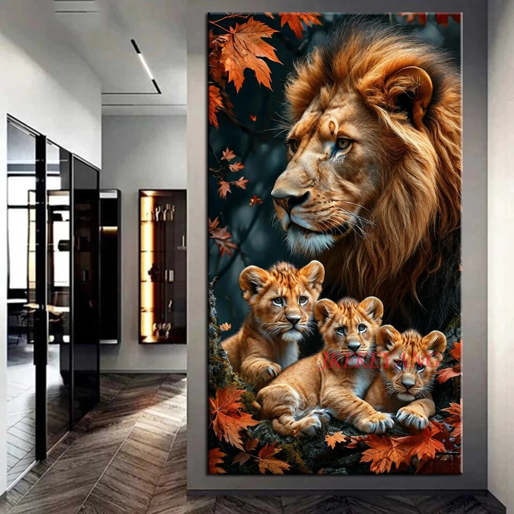 Алмазная картина JKEKEYANG "Семья Лев и семья волков", полная вышивка round 60x120cm, J4398-3