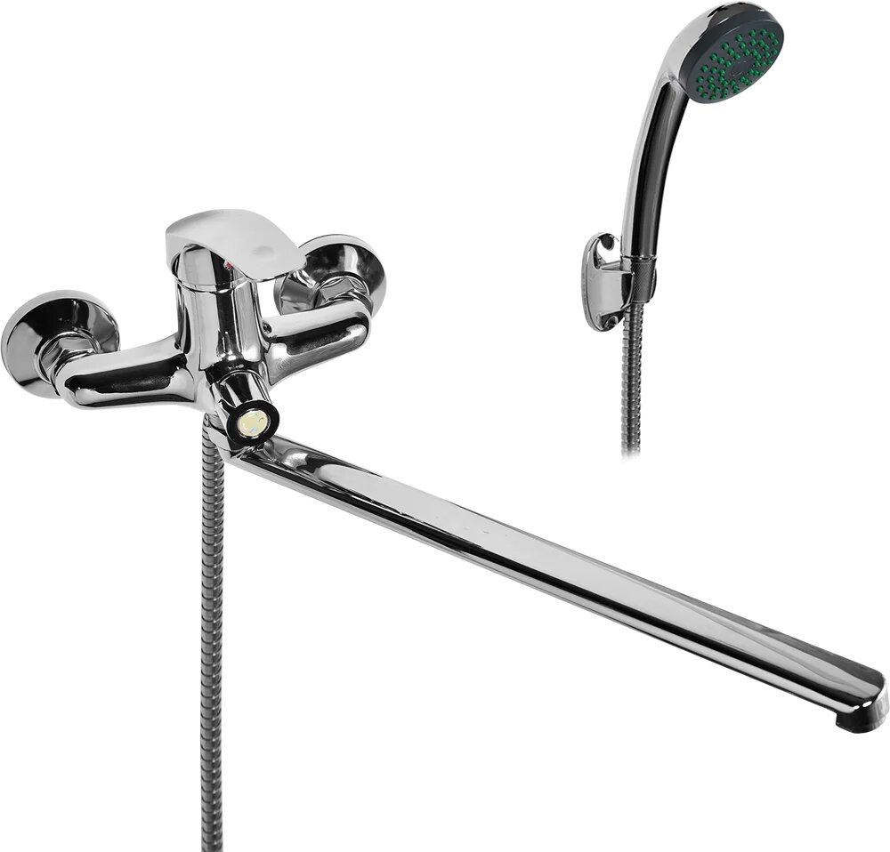 Смеситель с длинным изливом для ванны Wisent W22212 с душевым гарнитуром, поворотный, металлический, хром, глянцевый, смеситель для ванны с душем, рычажный, с настенным держателем
