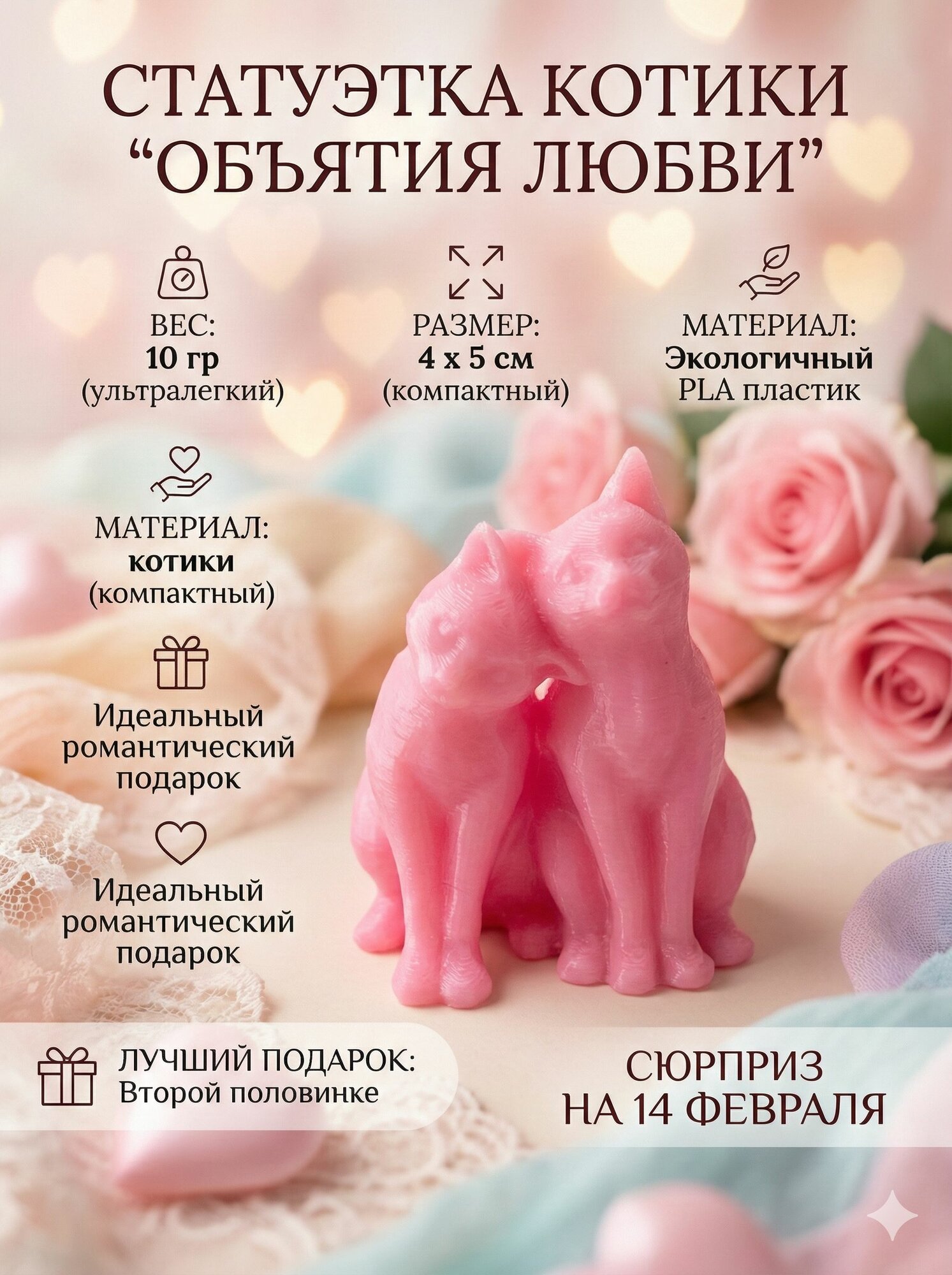 Статуэтка "Объятия любви", экопластик, светло-розовая, для 14 Февраля