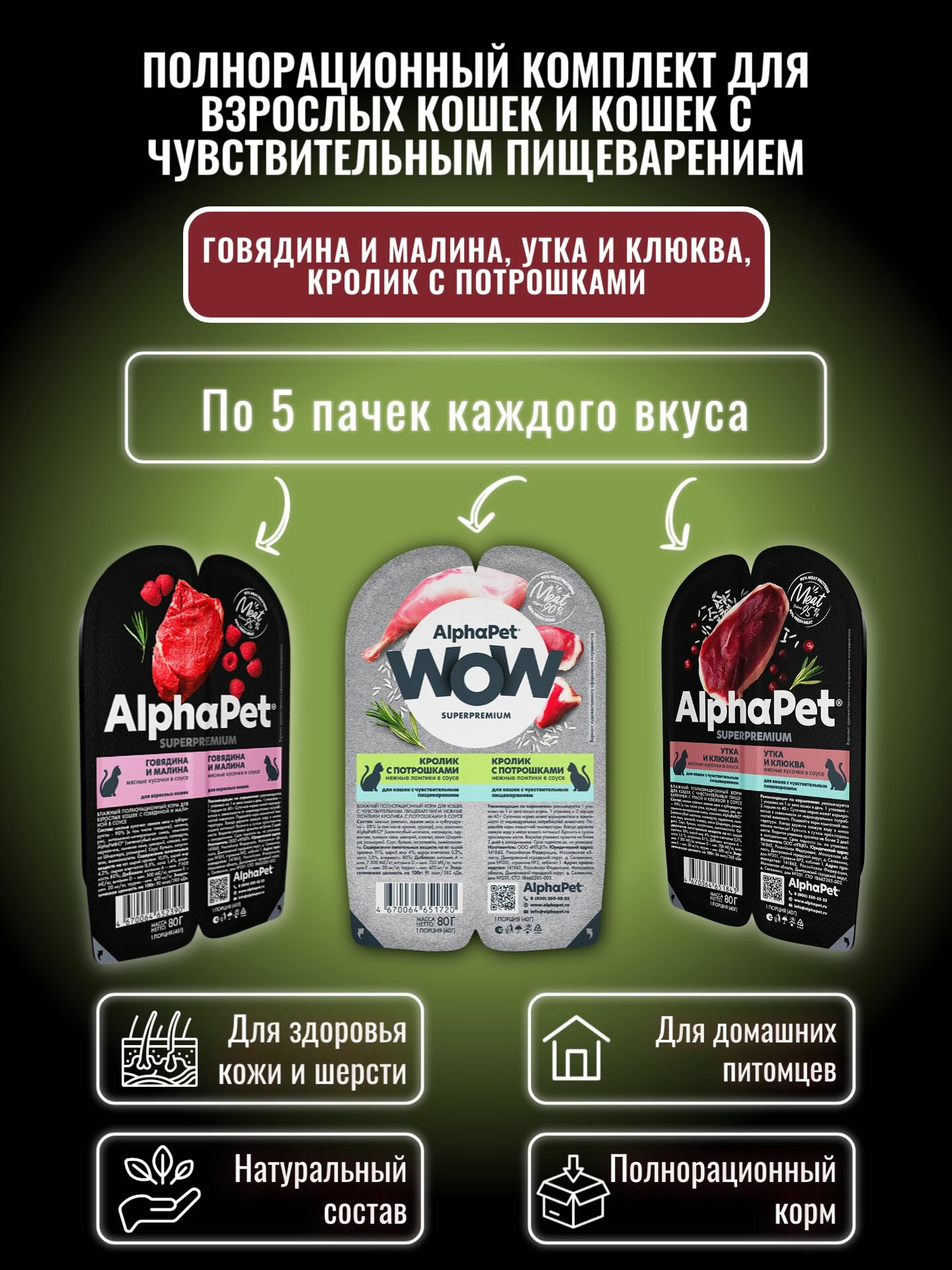 AlphaPet Superpremium / Комплект для взрослых кошек и котов и кошек с чувствительным пищеварением, 3 вкуса (Говядина, Утка, Кролик), 15 шт