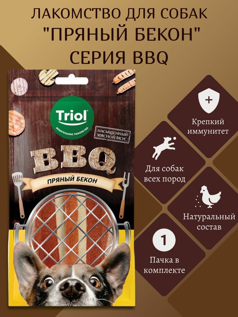 Лакомство для собак всех пород "Пряный бекон", 66г, серия BBQ, Triol, 1 пачка