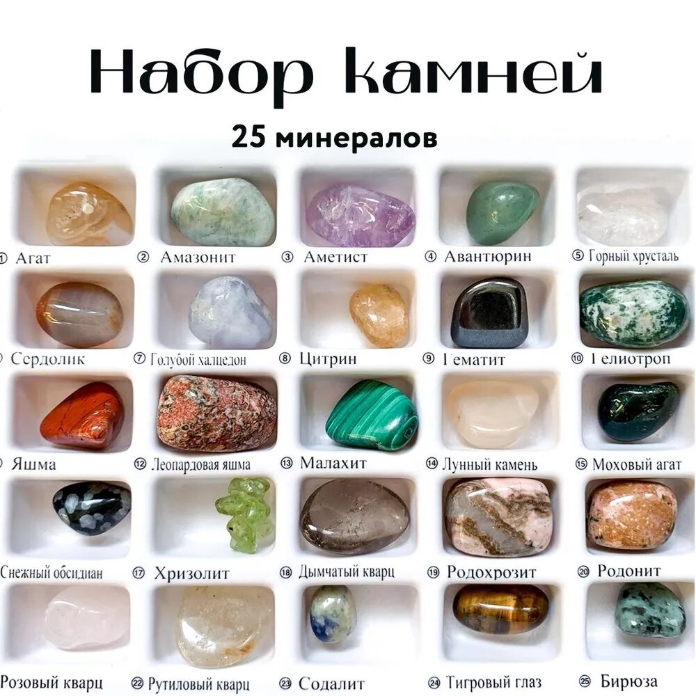 Коллекция камней, набор минералов, самоцветов из 25 натуральных камней, набор для творчества - опыты и эксперименты для детей, подарок для девочки, подарок для мальчика