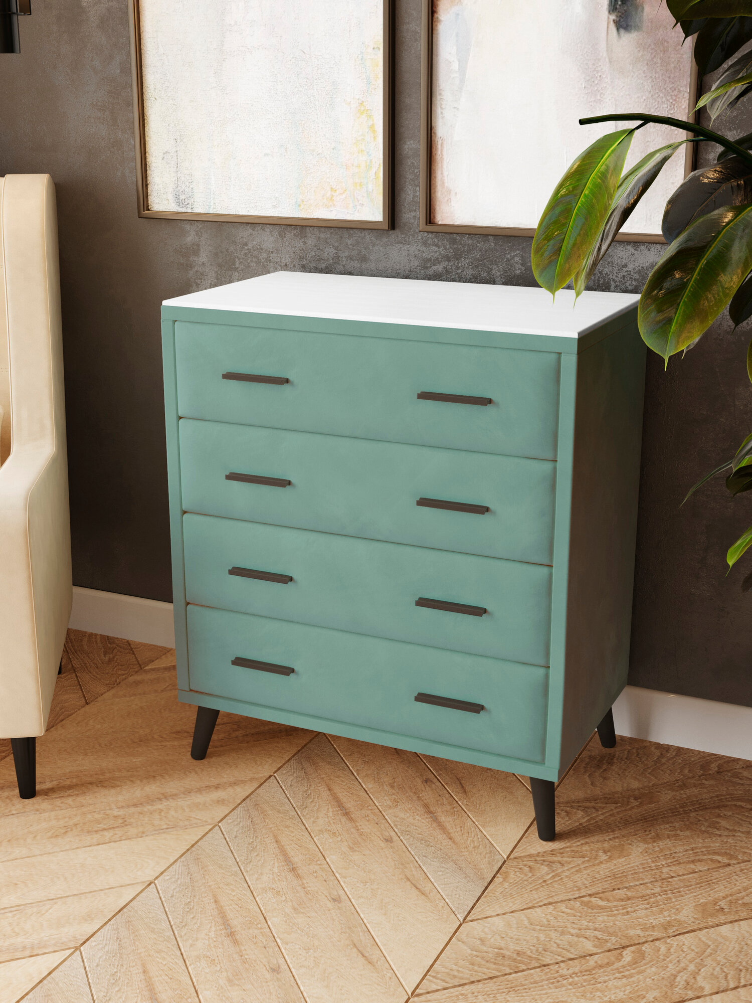 Интерьерный комод Пай от Тэкс 930х800х460 мм мятный/мдф холст белый