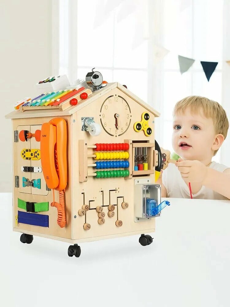 Бизиборд Busy House, для раннего обучения, деревянный, бежевый
