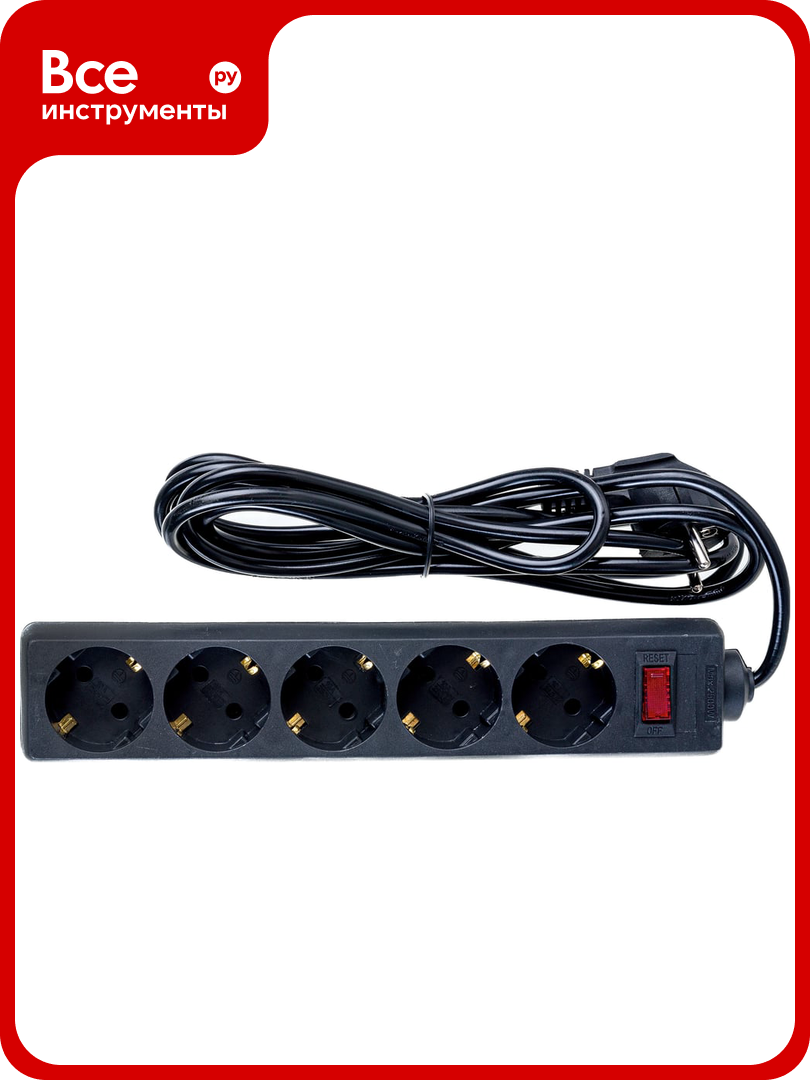 Удлинитель ExeGate EC-5-3B 5евро с заземлением, 3м, защита от перегрузки, выключатель с подсветой, черный