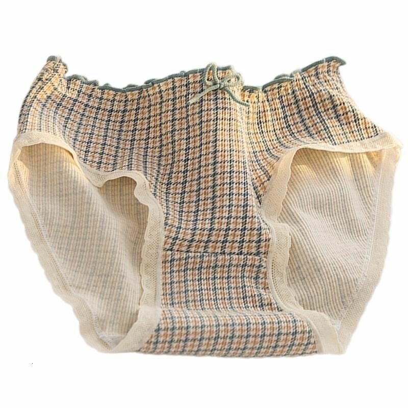 Женские хлопковые трусы с цветочным принтом, Желтый и синий плай - XL