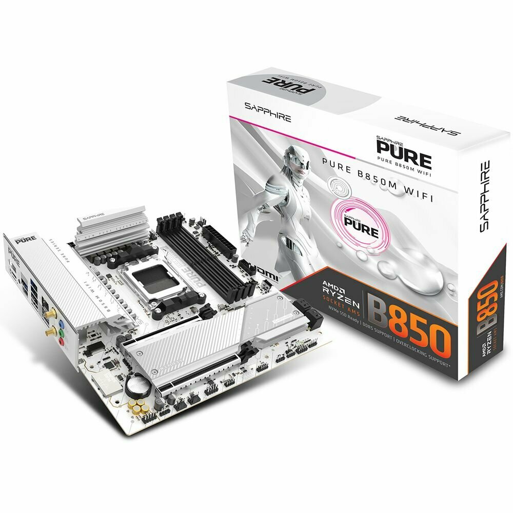 Материнская плата Sapphire B850M PURE WIFI B850, AM5, 4*DDR5, 2*PCIEx16, 2*M.2, 2*TypeC, 3*USB3.2Gen2, 2*USB3.2Gen1, 6*USB2.0, 4*SATA3.0, 2.5G, DP, HDMI, M-ATX, RTL