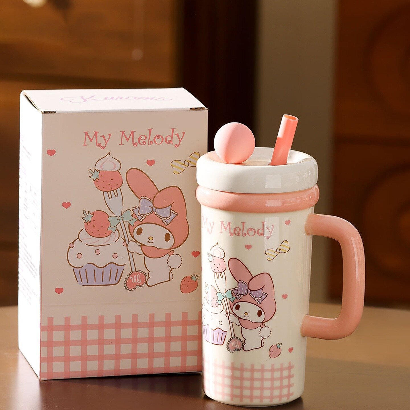 Керамическая кружка Sanrio Kitty Ice Cup большого объема для девочек, стильная кружка с трубочкой, подарок на день рождения.