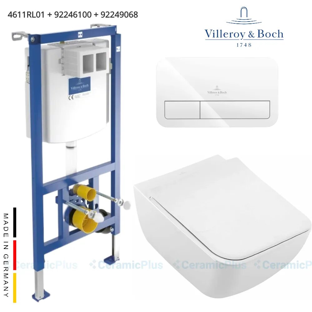 Комплект Villeroy & Boch VENTICELLO 4611RL01 + 92246100 + 92249068: Унитаз подвесной, Сиденье, Инсталляция, Клавиша белая
