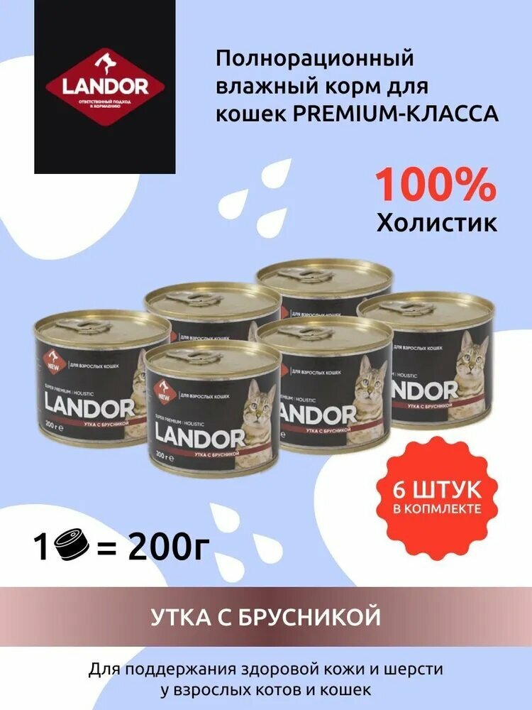 Полнорационный влажный корм LANDOR для взрослых кошек утка с брусникой 200г х 6шт.