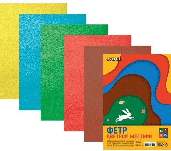 Фетр "de vente, цветной, жёсткий, A4, толщина 2мм, 5шт, 5цветов, европодвес