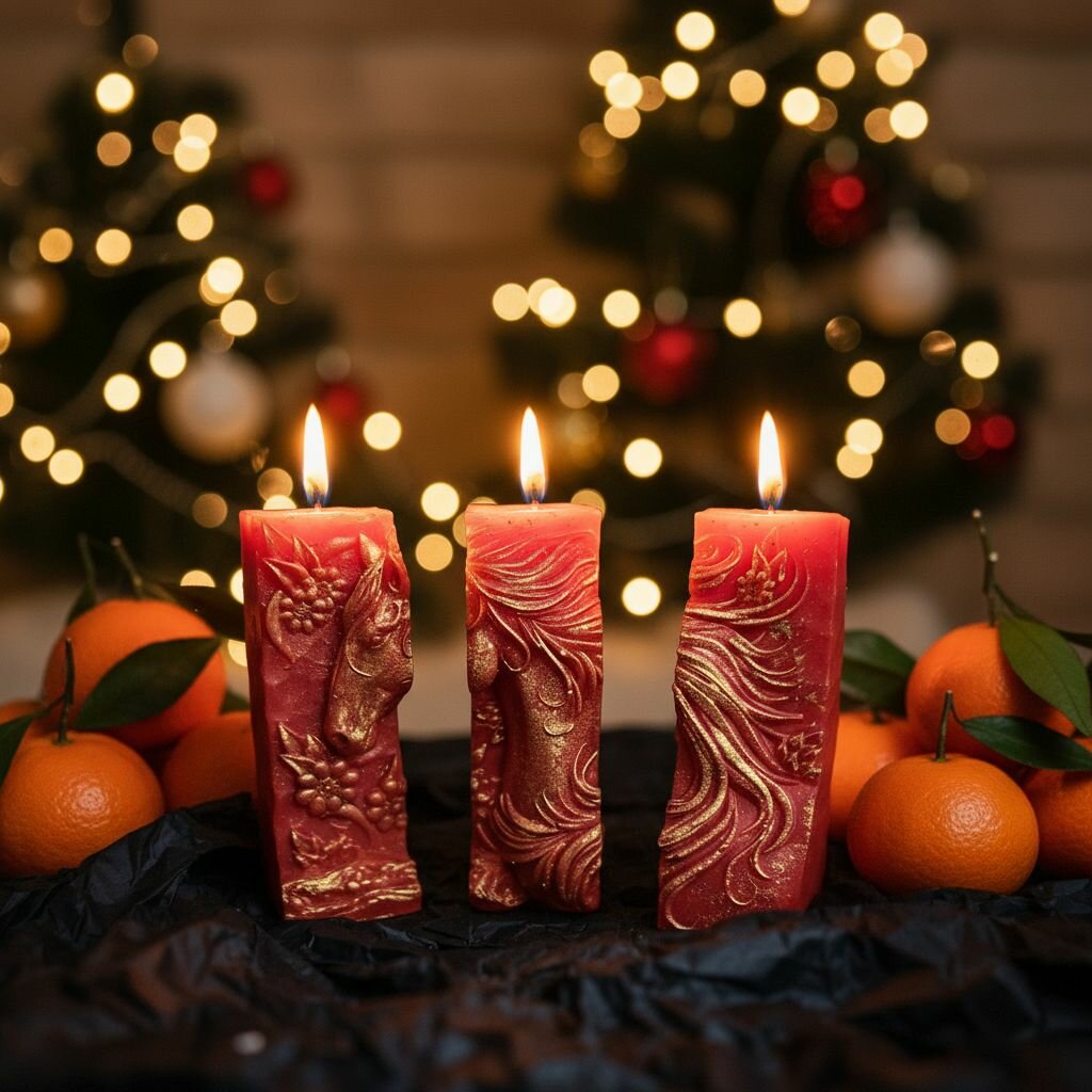 Свеча ручная работа "Новогодняя лошадь", триптих, символ Нового Года