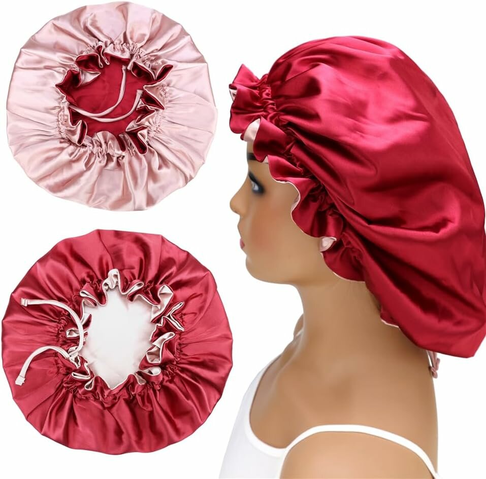 Регулируемая ночная шапочка из шелкового атласа, подходит для женщин/девушек, свободного кроя, с откидной застежкой, может использоваться как ночная шапочка, шапочка для душа или украшение для волос (005 Павлиний синий/Светло-синий).