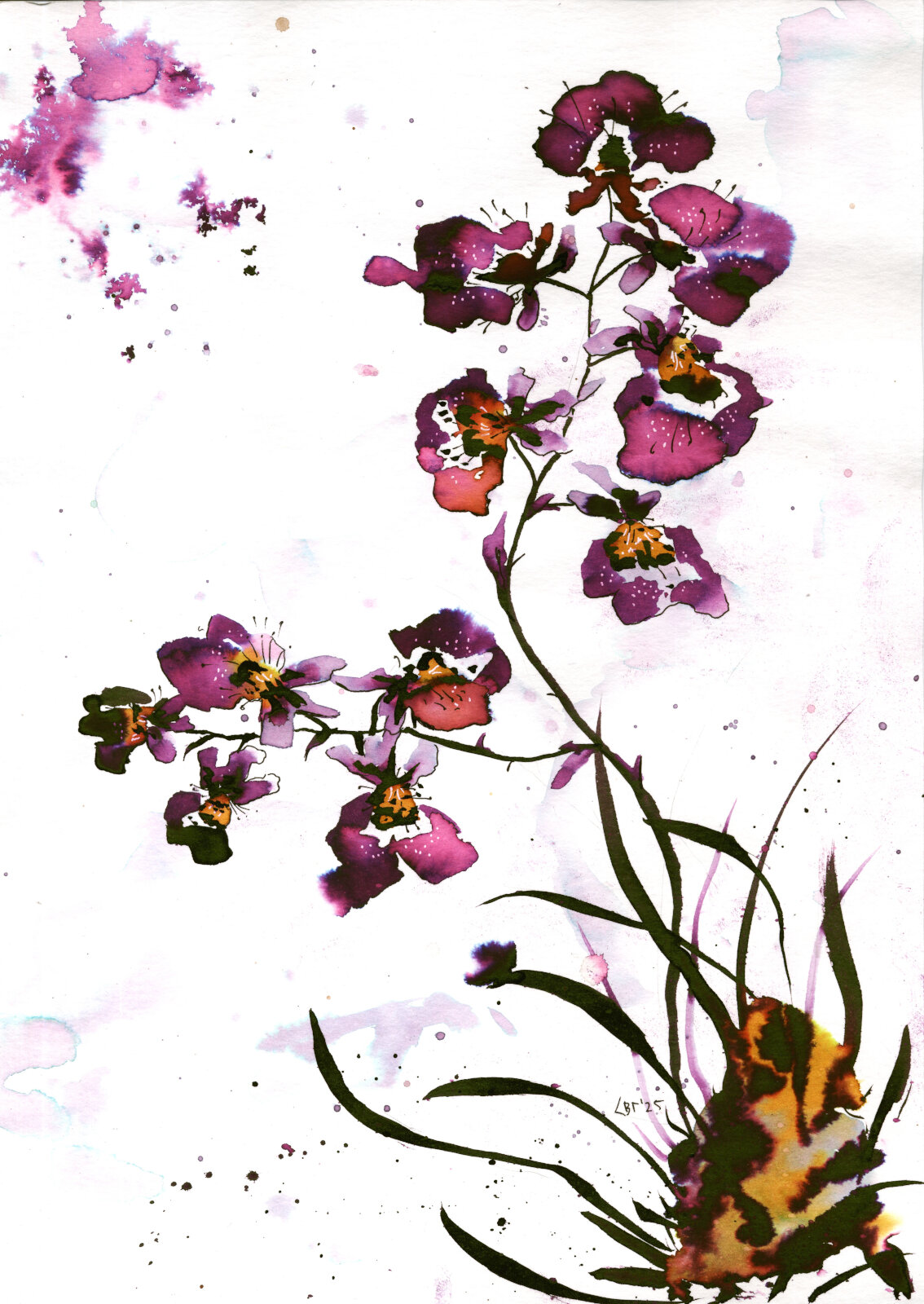 Картина авторская "Изящная орхидея", ручная работа, чернила, бумага, 21х30 см