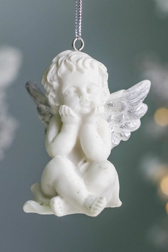 Ёлочная игрушка мечтающий ангел с серебристыми крылышками, полистоун, 6 см, Edelman 1123155-1