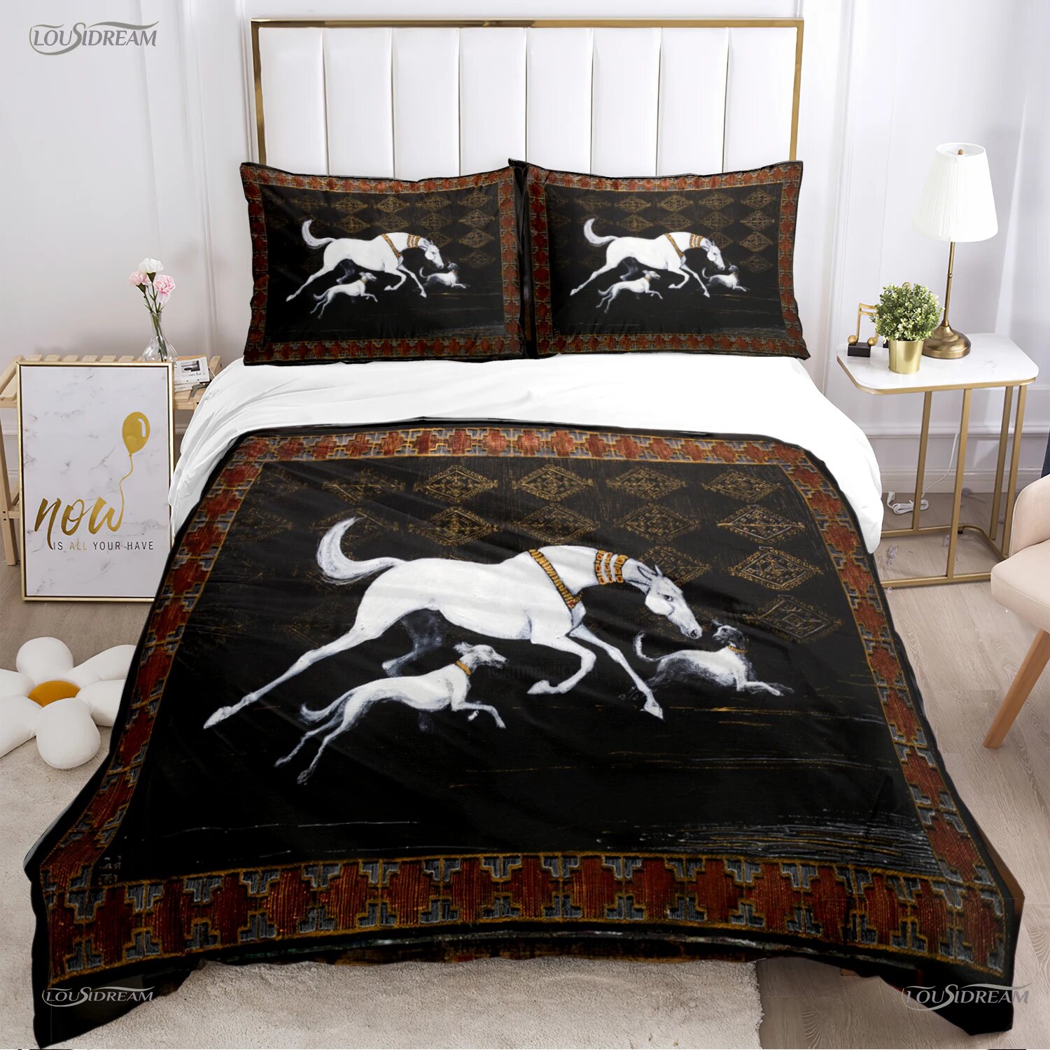 LOUSIDREAM Этнический комплект постельного белья из микрофибры Черный, EU Double 200x200cm, Style O