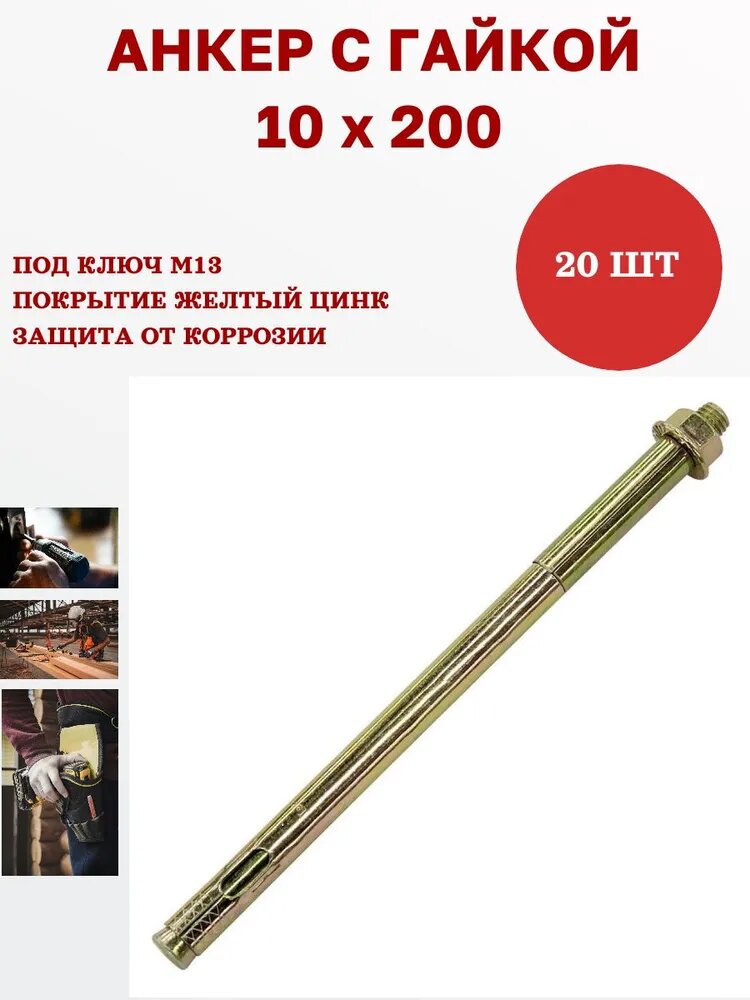 Анкер Анкерный болт с гайкой 10 х 200 мм, 20 штук