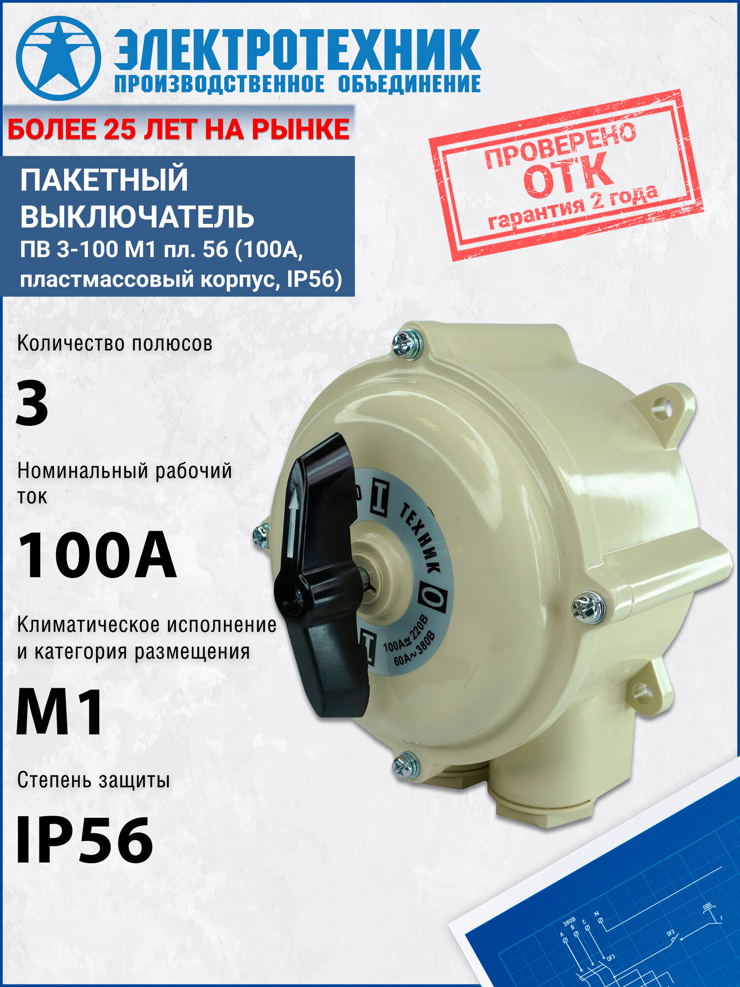 Пакетный выключатель Электротехник ПВ 3-100 М1 пл. 56 (100А, пластмассовый корпус, IP56) ET002511