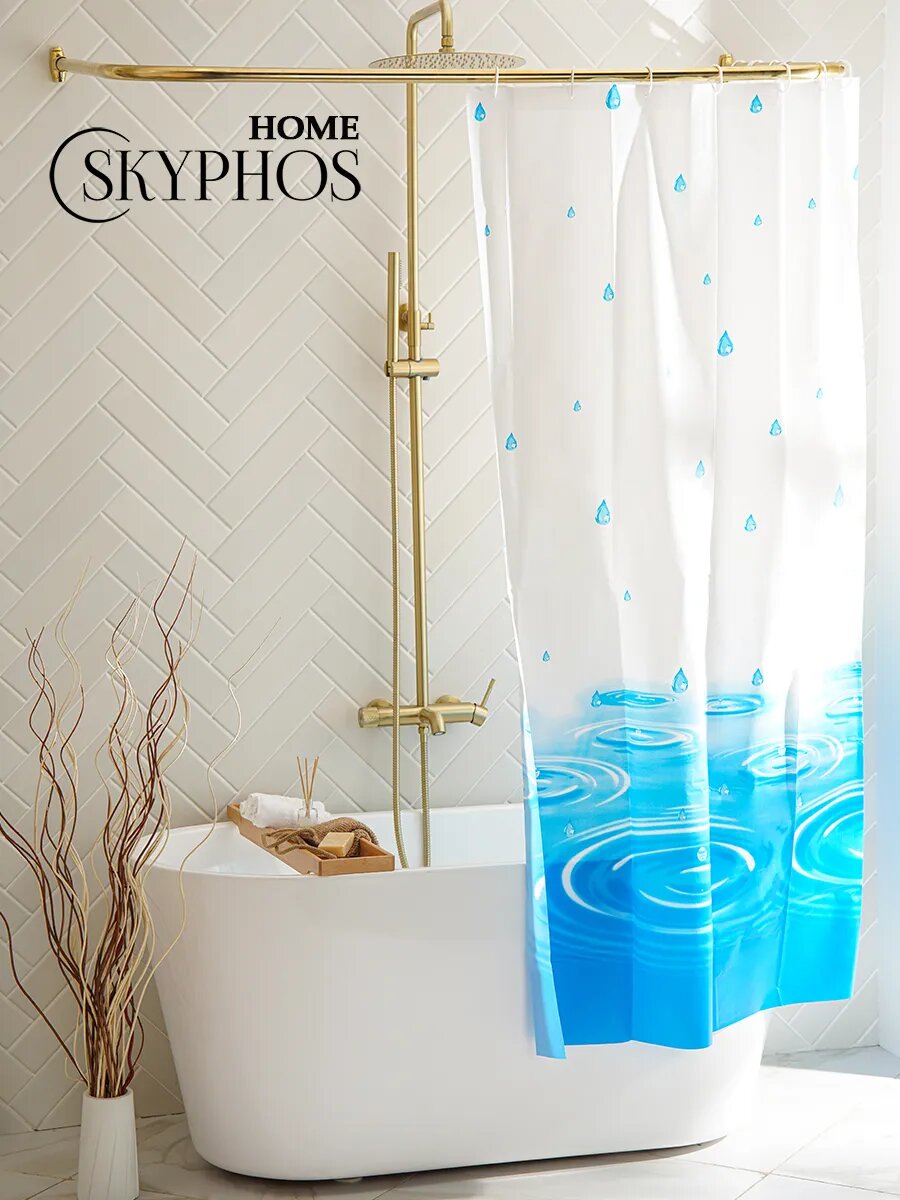 Штора для ванной Доляна «Капли», 200×180 см, EVA, цвет синий