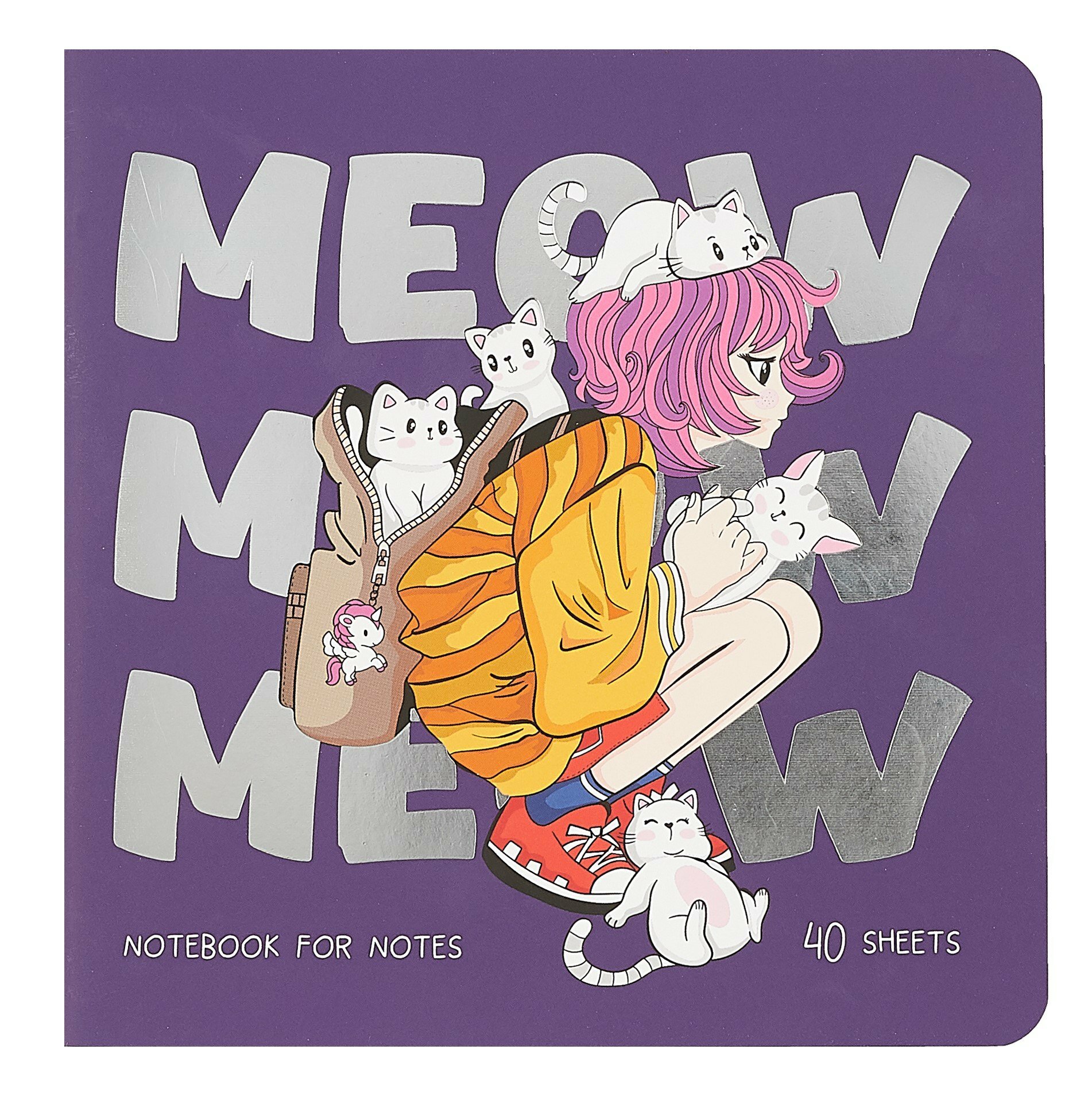 Записная книжка 170*170мм 40л "Meow", soft-touch ламинация, тиснение фольгой, скоба