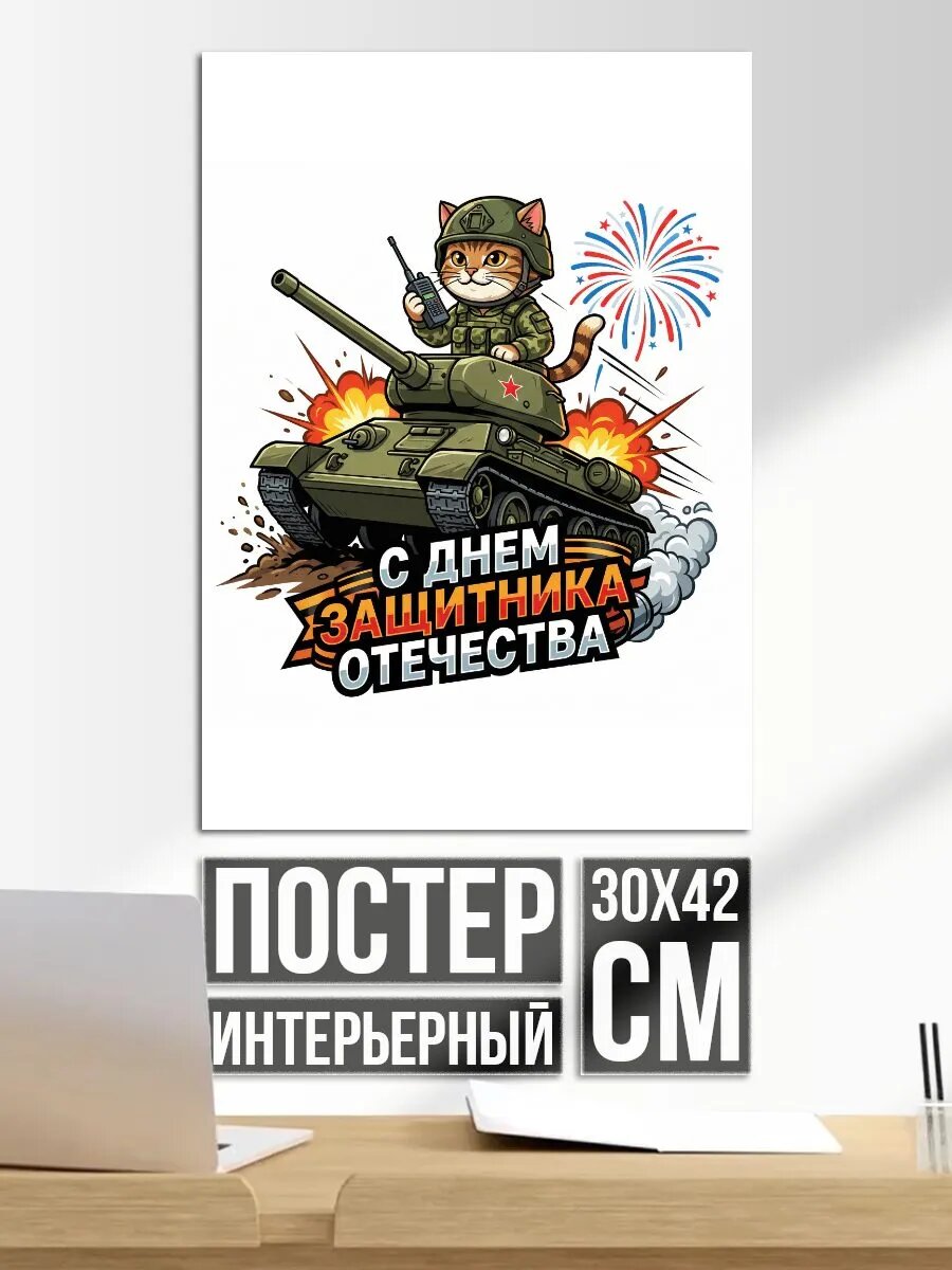 Постер на стену Боевой кот с днём отечества