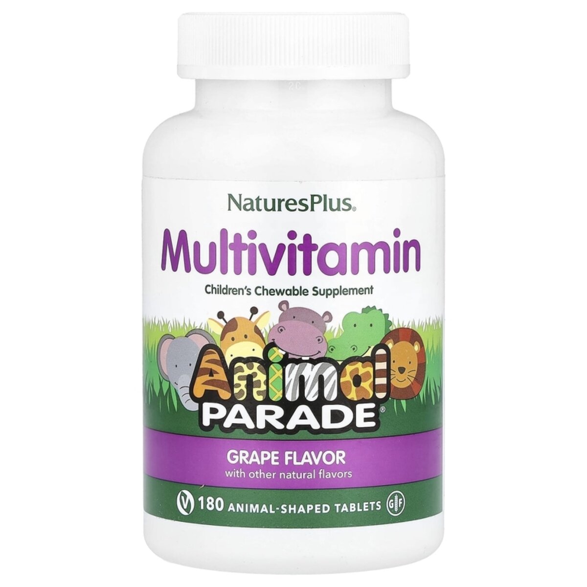 Мультивитамины для детей, Natures Plus Animal Parade Children's multi - vitamin & mineral, Виноград, 180 таблеток