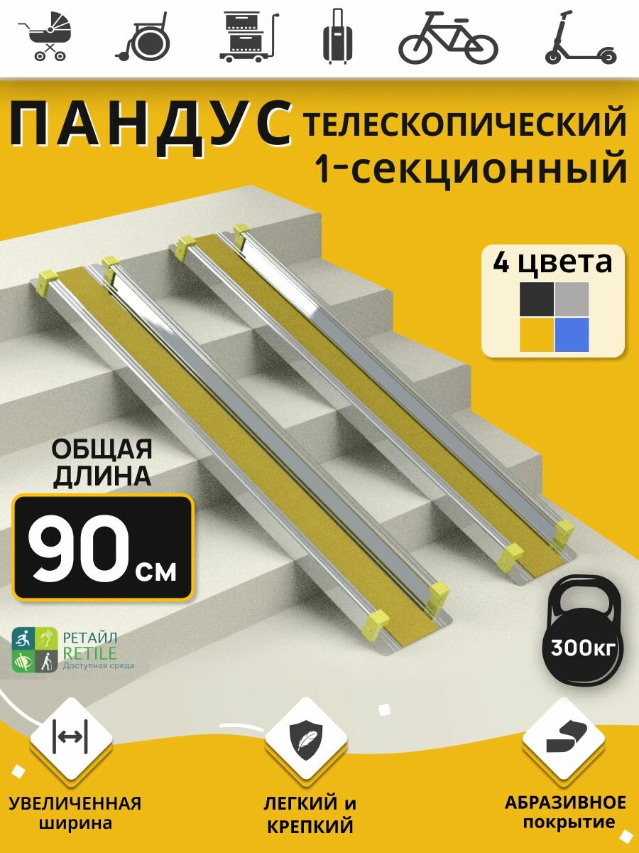 Пандус 90 см 1-секционный Антислип, жёлтый (рабочая длина 80 см + 2 опор. площадки по 5 см)