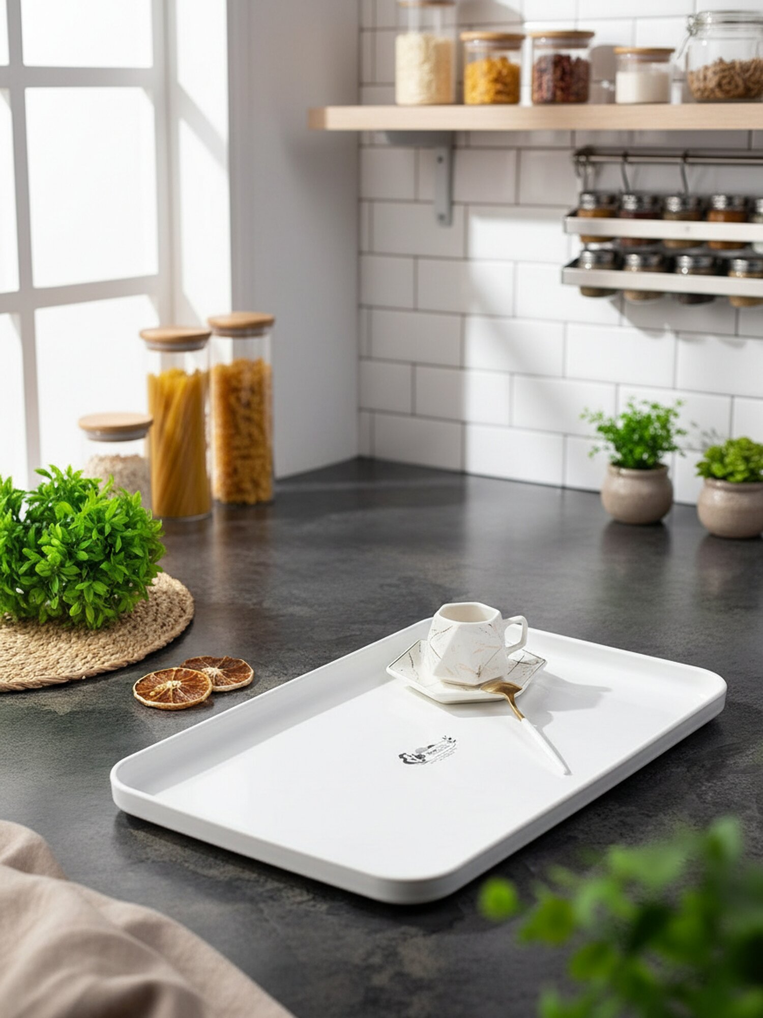 Поднос пластиковый 40 х 27 см белый с рисунком, прямоугольный