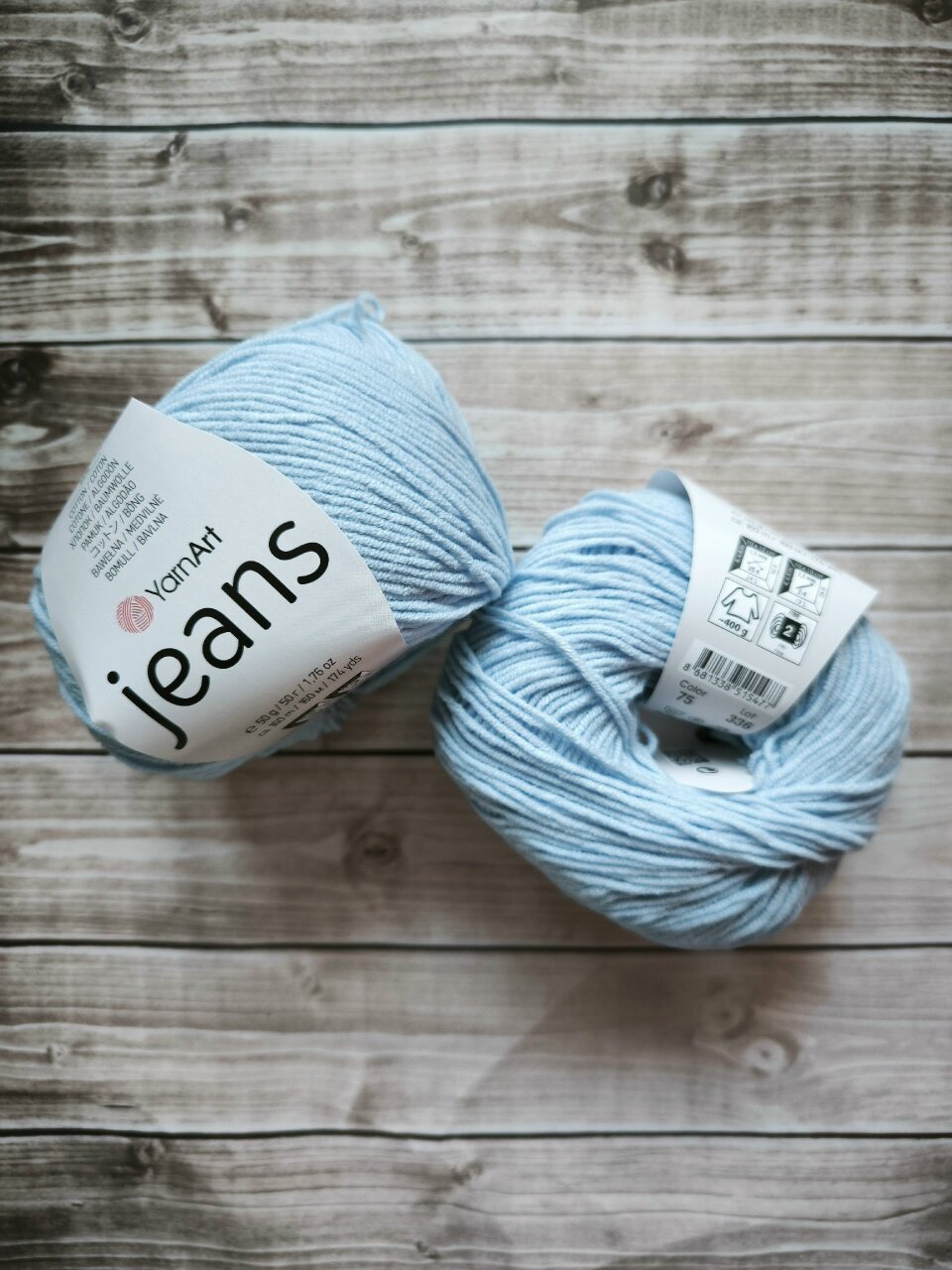 Пряжа Yarnart Jeans, цвет 75 светло-голубой, вес мотка 50 гр, длина нити 160 м, набор 2 мотка