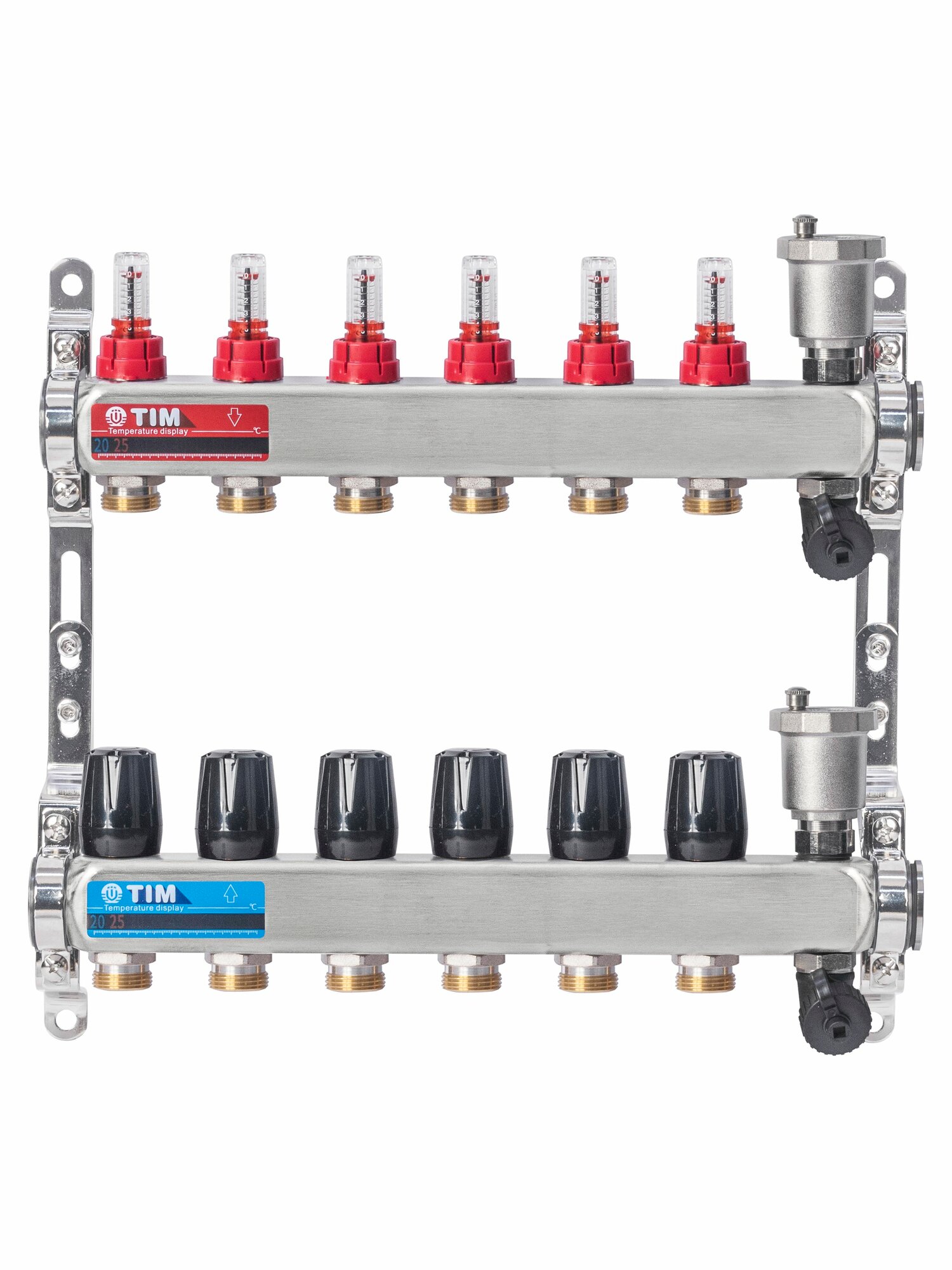 Коллекторная группа 6 контуров с расходомерами 1" * 3/4" E, с дренажными кранами и воздухоотводчиками нерж. сталь, TIM, KCS5006