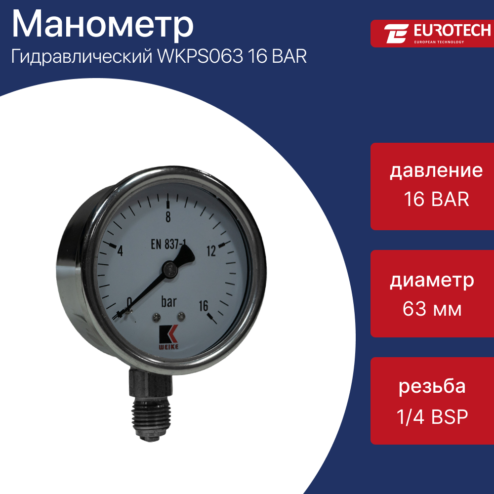 Манометр виброустойчивый WKPSS063 16 bar 1/4BSP (M635RL, ТМ-320Р)