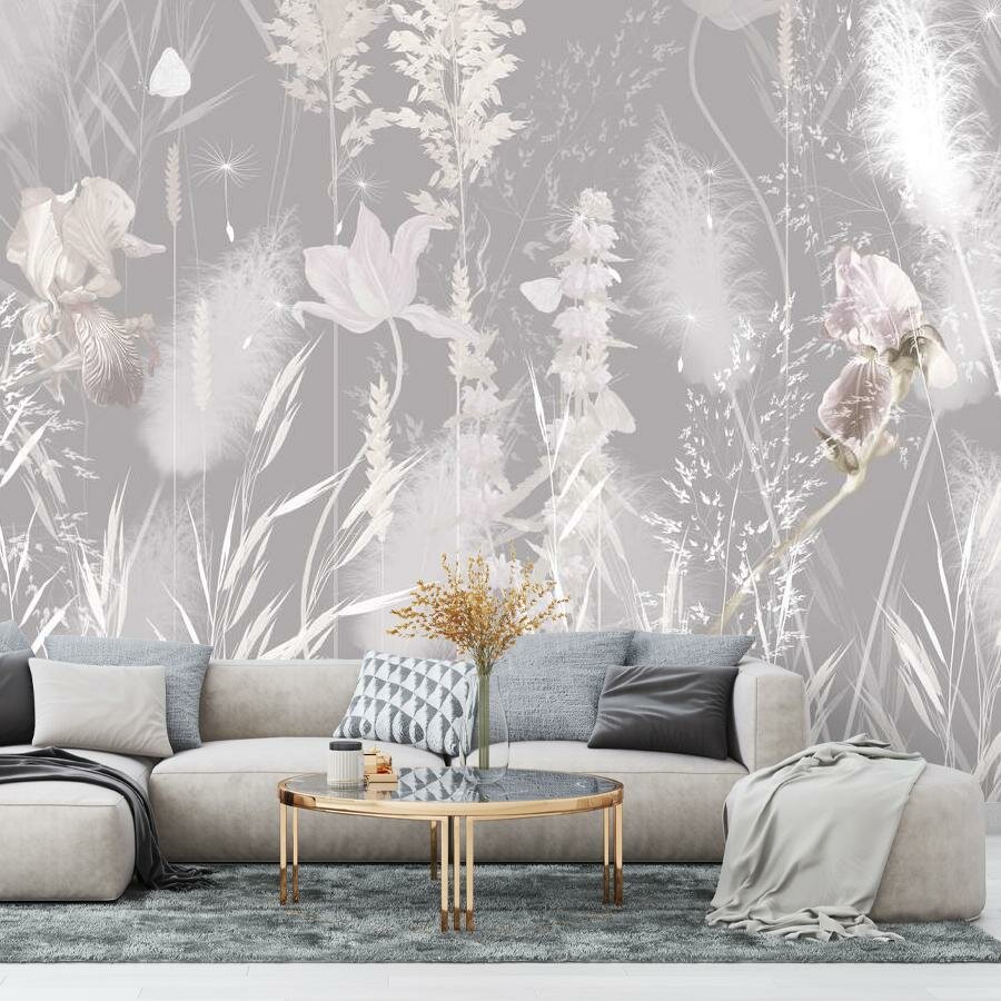 Фотообои Полевые цветы на сером 13-985-S-Холст 270 x 200 см (ВхШ) Бесшовные, флизелиновые, влагостойкие обои