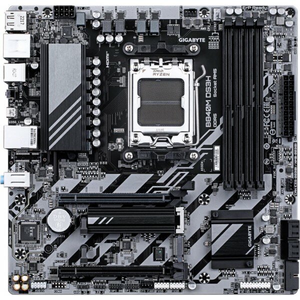 Материнская плата Gigabyte B840M DS3H, AM5, AMD B840, 4xDDR5, 4xSATA, 2xM.2, 1xPCIe 4.0 x16, 1xPCIe 3.0 x4, 2xDP, 1xHDMI, 1x2.5Gb LAN, 3xUSB-A 5Gbps,