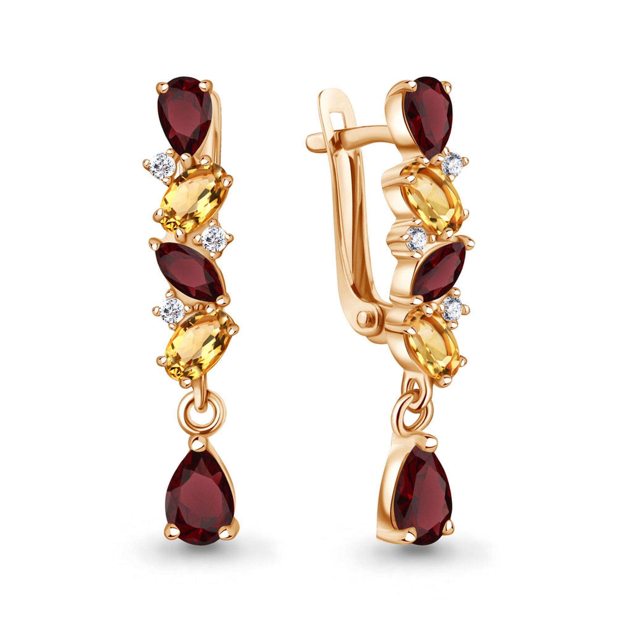 Серьги, серебро, 925 проба, золочение, фианит, гранат, цитрин