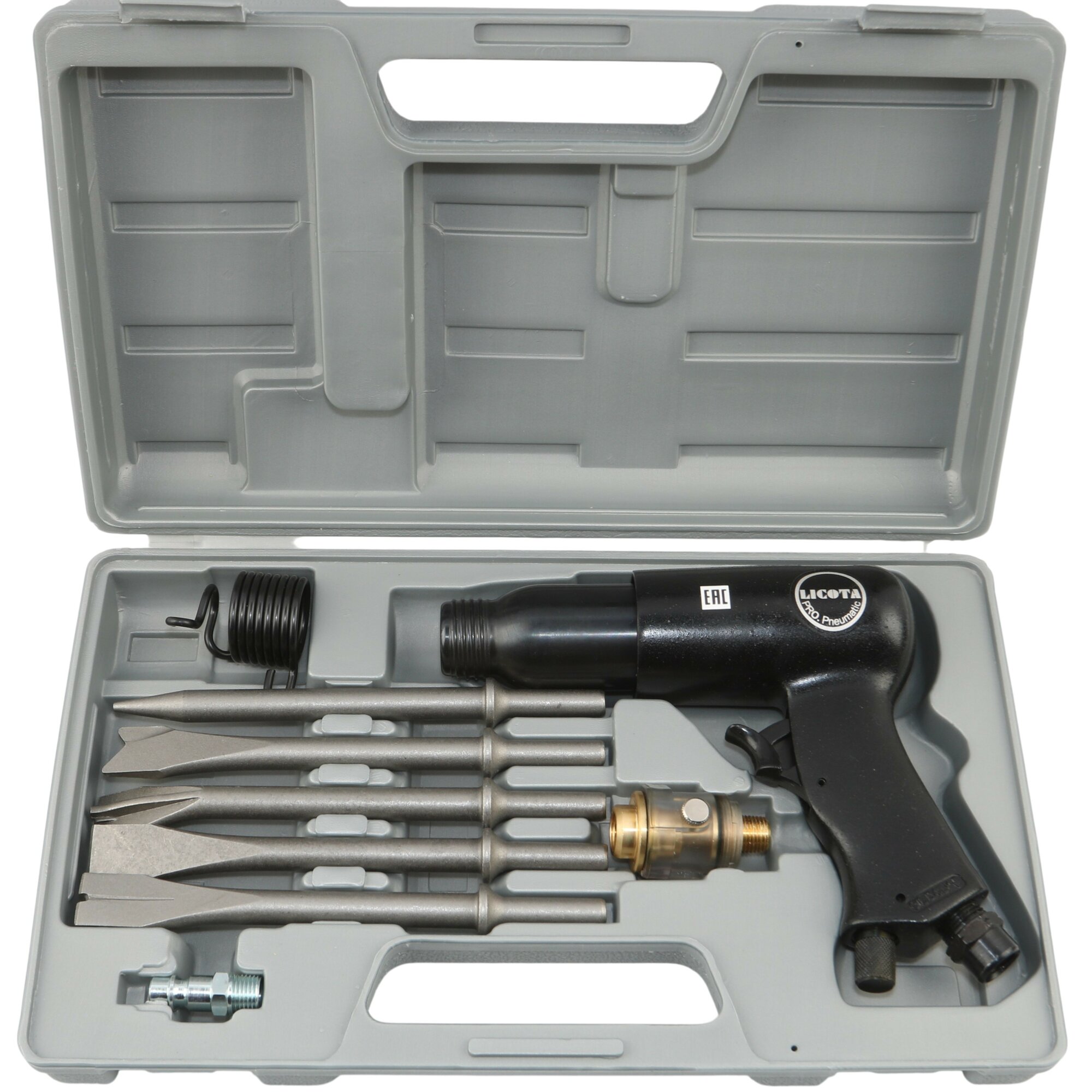 Licota PAH-20002RK Пневматический молоток в комплекте с зубилами в кейсе 10пр, Энерг. уд. 7,2Дж