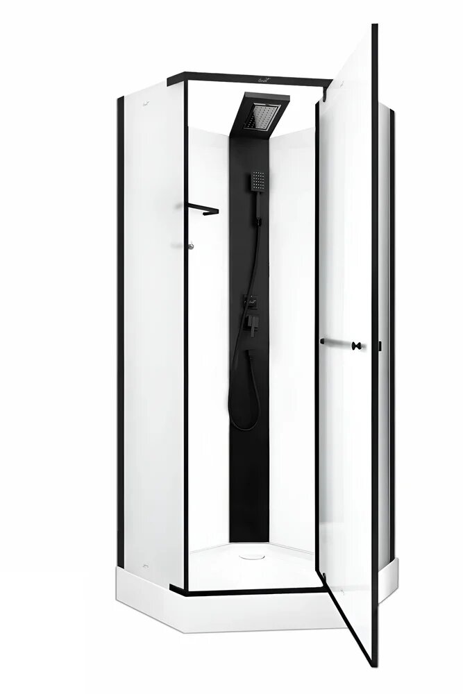 Душевая кабина Ceruttispa Chika 901BF низкий поддон, стеклянная, 90x90, пятиугольная, открытая (без крыши), с распашной дверью, с матовым стеклом, без гидромассажа, с функцией тропический душ