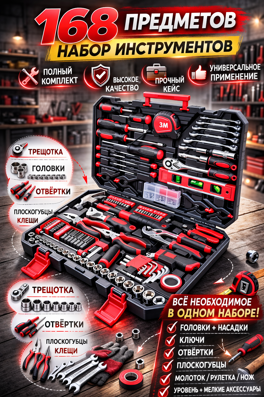 Набор универсальных инструментов для дома и автомобиля, универсальный, 168 предмета