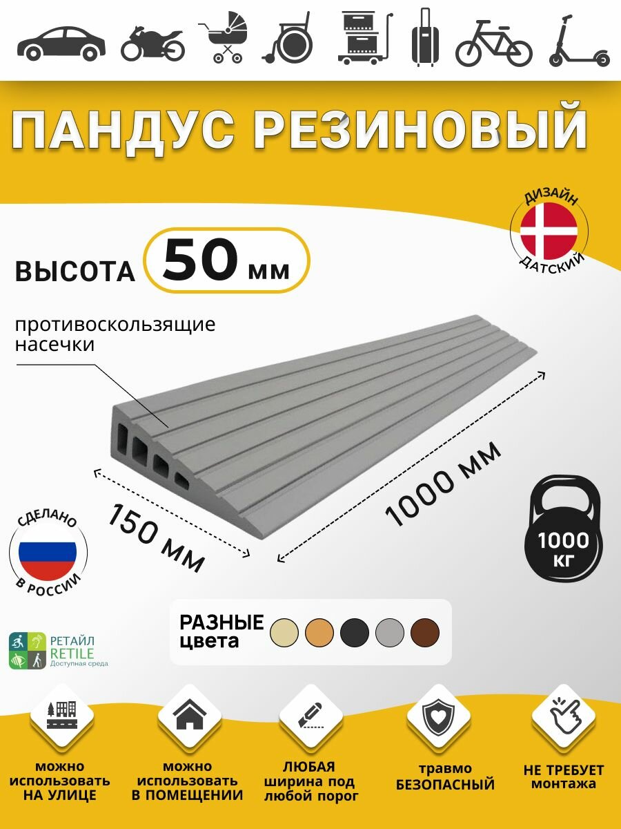 Пандус резиновый рубеж для порогов высотой 5 см (50х1000х150 мм), серый, для колясок, склада и автомобилей