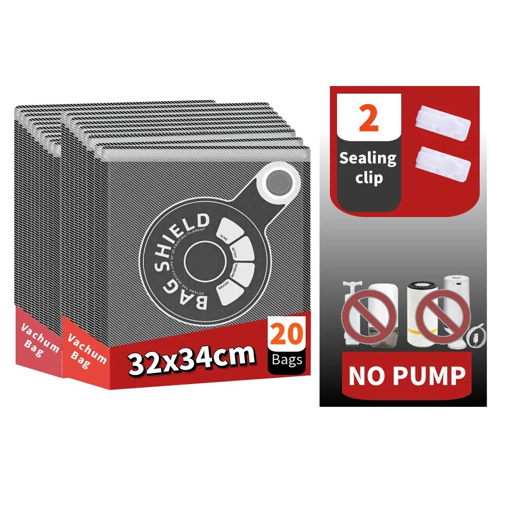 Вакуумные пакеты 32x34 см, 20 шт, 2 зажима