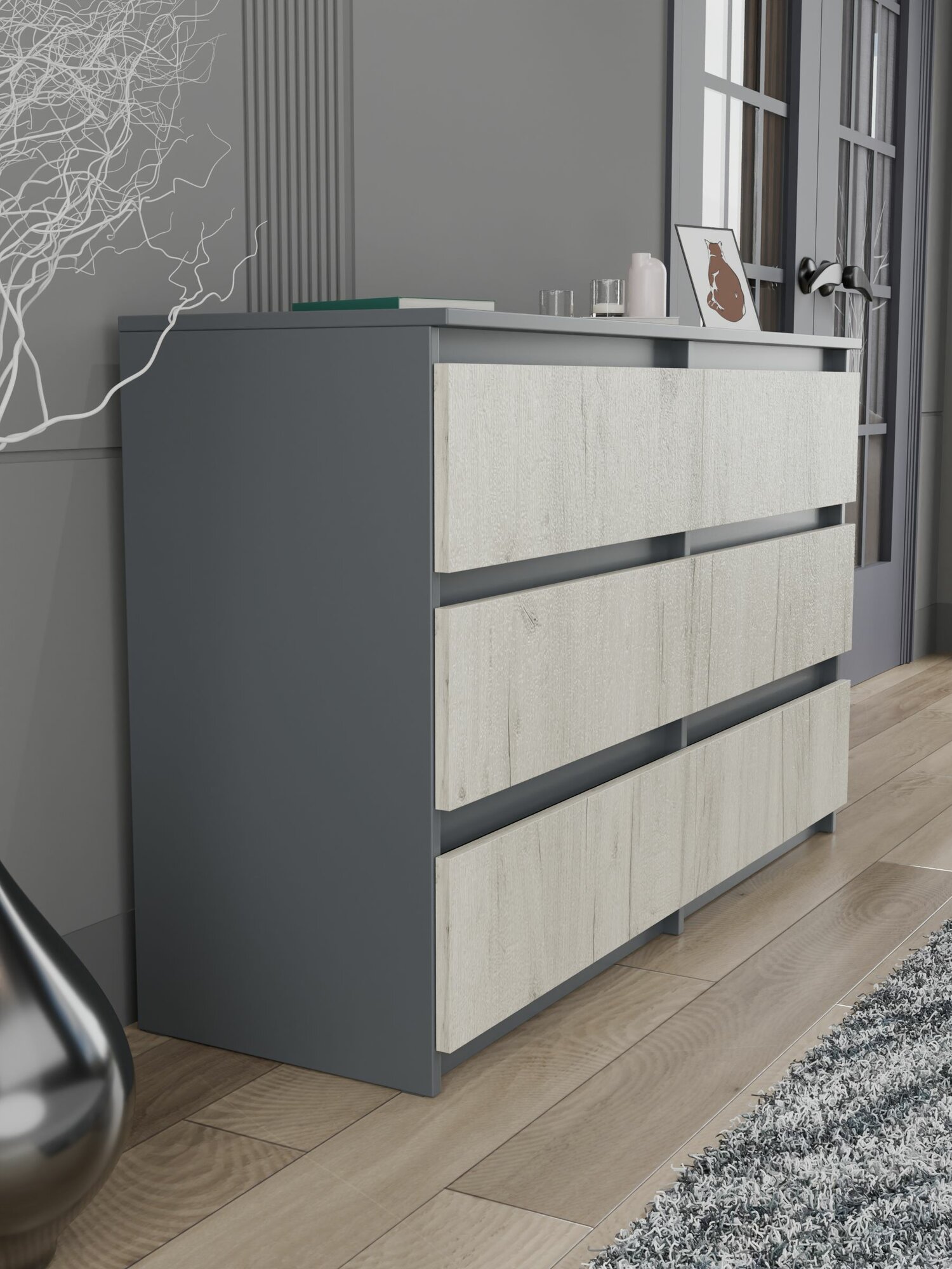 Комод для белья и одежды орлан 6 ящиков, 120х76.4х40 см, графит-дуб крафт белый