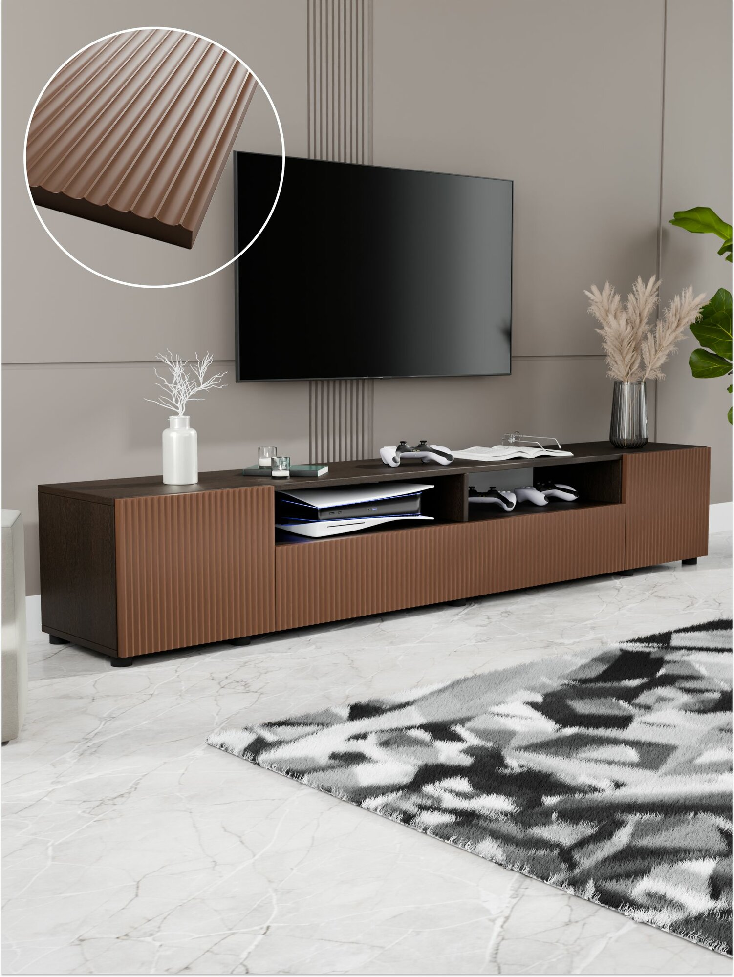 Изумлит Тумба под телевизор горизонт рифленый пленочный фасад 200х37.8х36.3 см, корпус венге/ фасад коричневый матовый